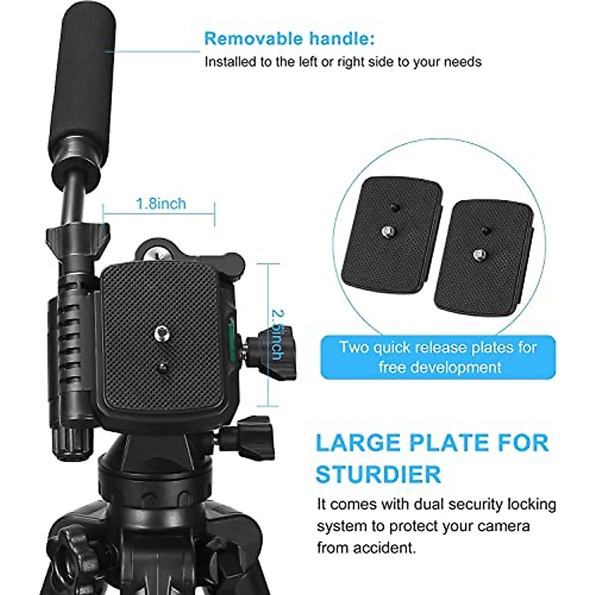 Tripod, 73 inch Tripod for Camera 15 lbs Loads with Fluid Head, 2 Quick Release Mounts and Tablet & Phone Mount