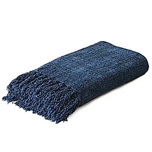 Bangya Navy Chenille Throw Blanket Soft Cozy Woven Fringe Tassel Throw for Sofa Couch Bed Living Room (Navy,50" X 60")