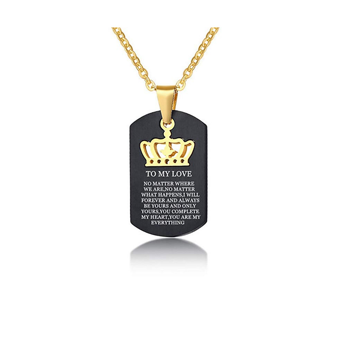 LF TO MY LOVE Necklace,Stainless Steel Personalized Name Date Customize His Queen Her King Crown Couple Dog Tag Necklace Sentimental Motivational Message Pendant for Valentine,Free Engraving