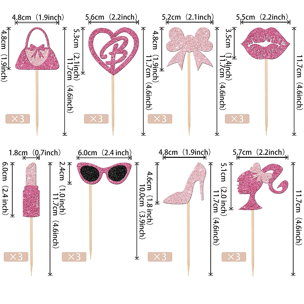 24 PCS Princess Cupcake Toppers Glitter Pink Girl Cupcake Picks Handbag Glasses Bow Lipstick Tie High Heel Cake Decorations for Wedding Bridal Shower Baby Shower Birthday Party Supplies