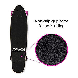 Tony Hawk 31" Complete Cruiser Skateboard, 9-ply Maple Deck Skateboard for Cruising, Carving, Tricks and Downhill, Pink Hawk