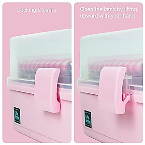 Creahaus 13 inch Art Craft Organizer Storage Box with 3 Layers, Multifunctional Plastic Tool Box with Handle for Sewing, Makeup, Medicine, Nail, Hair Accessories for Kids (Pink)