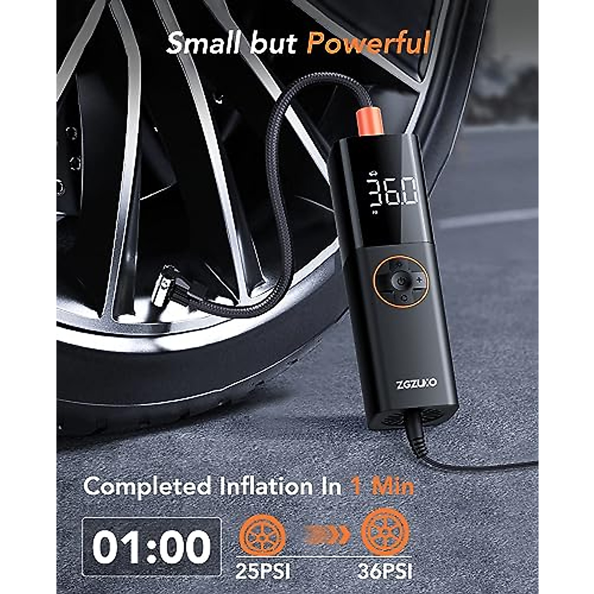 ZGZUXO Tire Inflator Portable Air Compressor,DC 12V Small Pump for Car Tires,150PSI Electric with Digital Pressure Gauge,LED Light Motorcycle Bike Ball,Bike Pump,Black-orange (CZK-3640)