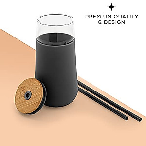JoyJolt Tumbler with Lid and Straw and Silicone Sleeve. BPA Free, 20oz Glass Cup with Bamboo Lid (Black). Travel Tumbler for Car, Reusable Iced Coffee Cup or Glass Water Bottle with Lid and Straw