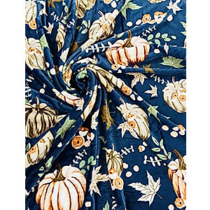 Fall Decor Throw Blanket: Soft Orange White Pumpkins Leaves and Berries on Slate Blue Background for Living Room Couch Bed Chair or Dorm