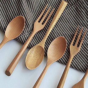 Kyien 6Pcs Wood Soup Spoons And Forks Sets Natural Wood Eating Utensils Wooden Flatware Set，Eco Friendly Wood Cutlery Wooden Dinner Fork And Spoon，3 Spoons and 3 Forks