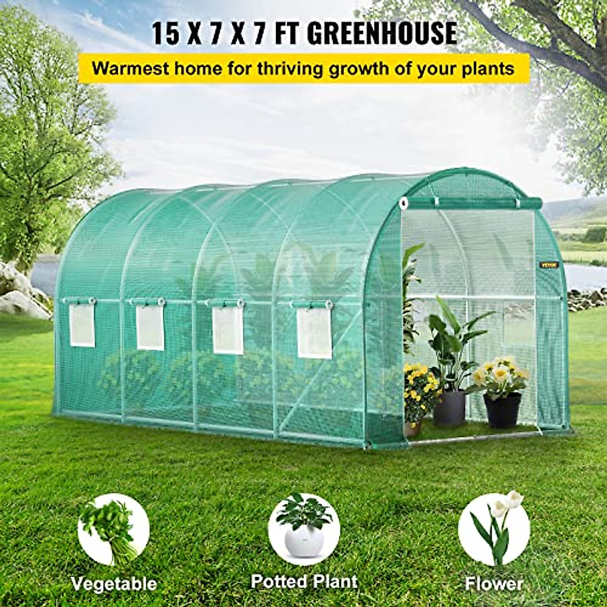 VEVOR Walk-in Tunnel Greenhouse, 14.8 x 6.6 x 6.6 ft Portable Plant Hot House w/ Zippered Door, 8 Roll-up Windows, Galvanized Steel Hoops, 1 Top Beam, and 2 Diagonal Poles, Green