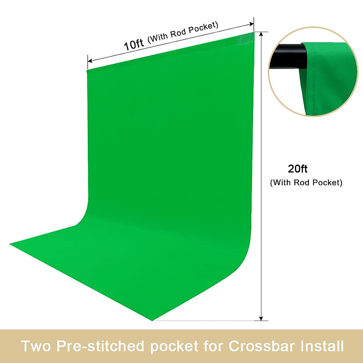 10X20ft Large Green Screen Backdrop for Photography, LCUIRC Two Rod Pocket Chromakey Collapsible Green Polyester Curtain with 4 Clamps for Photography, Zoom Meeting and Game Live Steaming