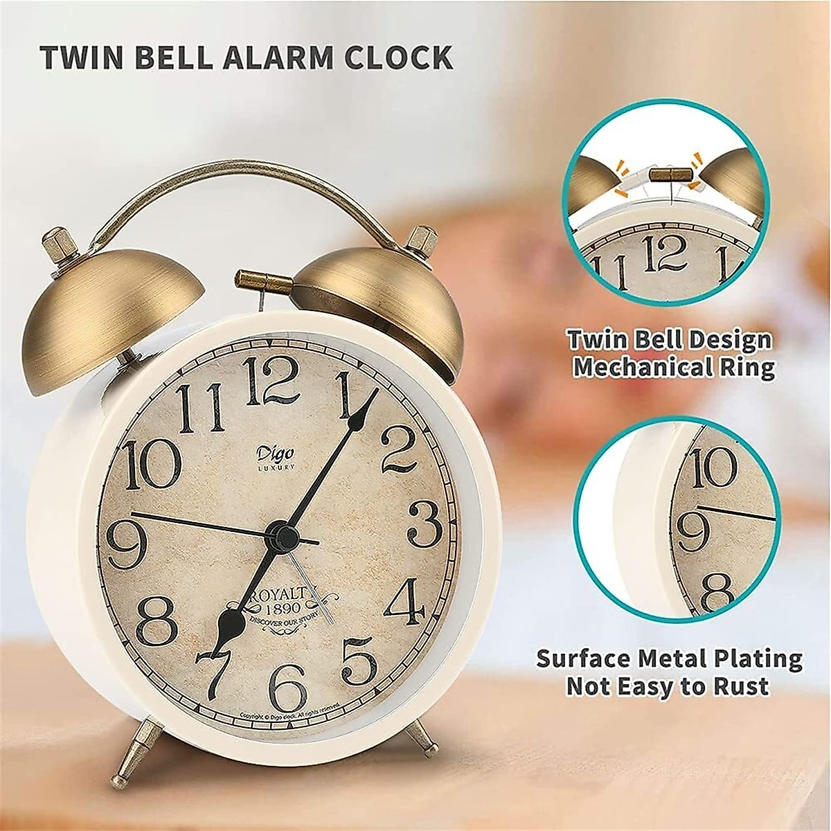 GRFIT Alarm Clock Twin Bell Alarm Clock Loud Alarm Clocks for Heavy Sleepers Non-Ticking Desktop Clock Home Decor Alarm Clock Clocks for Bedside