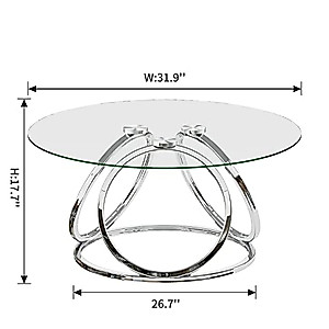 O&K FURNITURE Round Coffee Table, Modern Silver Coffee Table Living Room Table with Ring-Shaped Frames, Glass Coffee Table for Home&Office, Chrome Finish, 1 PC
