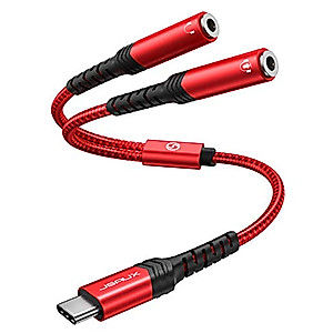 JSAUX USB C Microphone Adapter, USB C to Dual 3.5mm Female Aux Headphone Jack Y Splitter Mic Audio Adapter, Compatible with Samsung Galaxy S21/S20 ,Pixel 4/3/2 XL,Huawei P40/P30 Pro/P20,Oneplus 7-Red