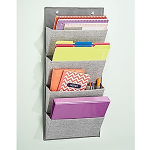 mDesign Soft Fabric Wall Mount/Over Door Hanging Storage Organizer - 4 Large Cascading Pockets - Holds Office Supplies, Planners, File Folders, Notebooks - Textured Print - Gray