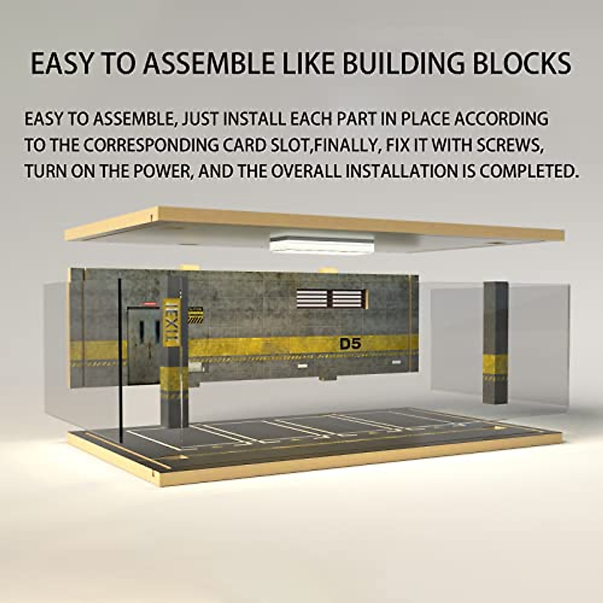 SIKIVOT Model Car Display Case，Model Car Parking Lot Garage，Display Case for 1/32 Diecast Cars，4 Parking Space with LED Light and Acrylic Cover (7334D5)