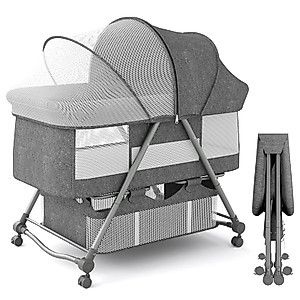 67i Baby Bassinet Portable Folding Rocking Bedside Bassinet Crib for Baby Cosleeper Bassinets Bedside Sleeper on Wheels with Mosquito Nets Newborn Infant Toddler Bassinet with Storage Basket (Grey)