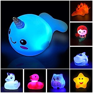 Jomyfant Bath Toys (8 Packs Rubber Animals Toys) Light Up Floating Rubber Toys Flashing Color Changing Light in Water Bathtub Shower Games Toys for Baby Kids Toddler Child