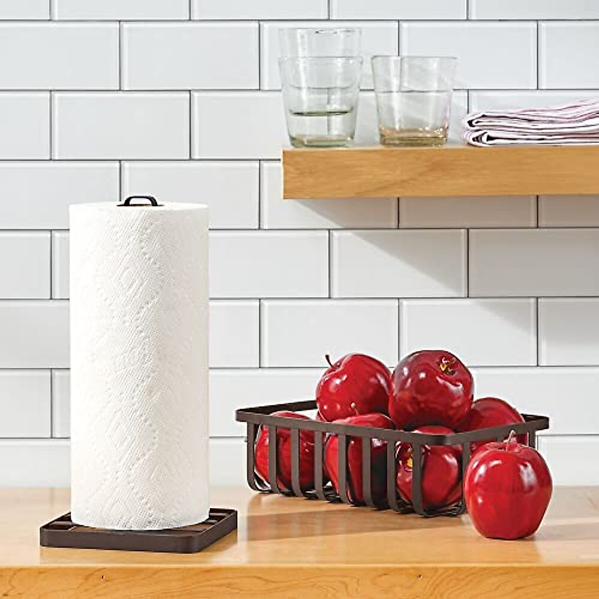 mDesign Farmhouse Metal Kitchen Storage Organizer Basket Bin - For Kitchen Cabinets or Pantry - Store Fruit, Snacks, Cereal, Baking Supplies, Pastas, Packets - Bronze