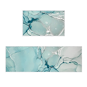 Kitchen Mat 2PCS Marble Texture Abstract Teal White Gold Glitter Splatter Kitchen Rugs Kitchen Organization, Anti-Fatigue Kitchen Floor Mats Kitchen Decor Runner Rug Room Decor Standing Desk Mats