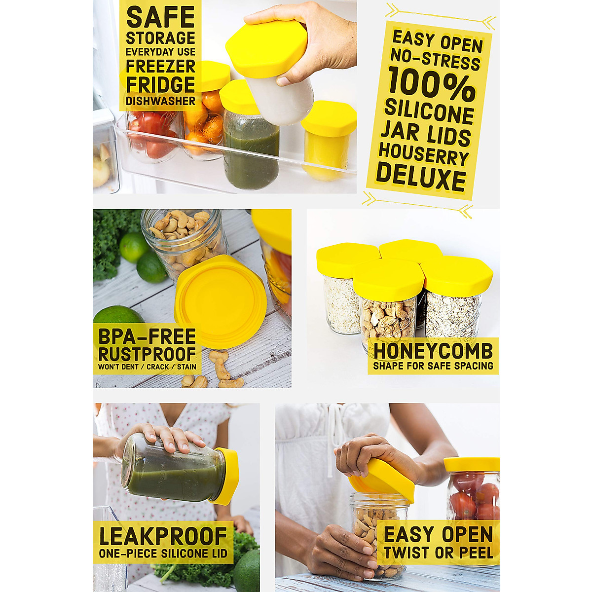 HOUSERRY DELUXE Easy-Grip Easy-Open 100% Silicone Mason Jar Lid - 3 pcs (WIDE MOUTH, YELLOW)