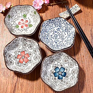 Japanese Style Soy Sauce Dishes set of 8, Ceramic 4-inch Plum Flower Dishe Serving for Dumpling, Side Dish, Sushi (8)
