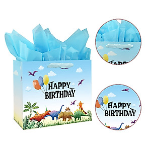 13" Large Watercolor Dinosaur Birthday Gift Bag for Boy Kids with Card and Tissue Papers