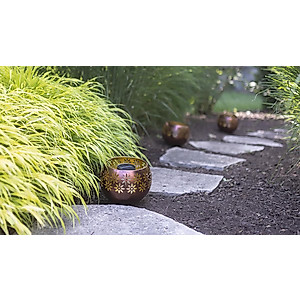 Solar Fire Bowl 8” 2-Pack Decorative Metal Solar Patio Light with Flickering Flame, Waterproof Dusk-to-Dawn Garden Lantern, Bronze/Copper