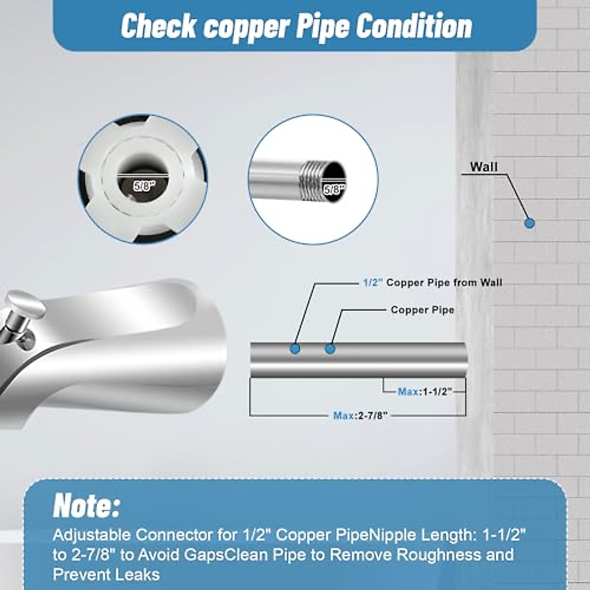 Slip on Tub Spout with Diverter, Compatible with Kohler GP85556 Bath Tub Spout, Bathroom Bathtub Faucet for 1/2" Copper Water Tube 5/8" Diameter, with 5/32" Hex Wrench (Polished Chrome)
