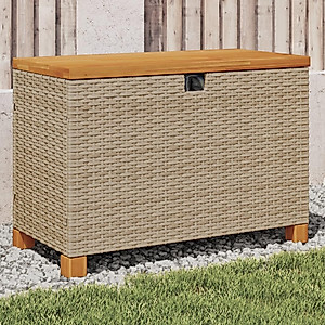 vidaXL Patio Storage Box with Lid Outdoor Cushion Bench Seat Beige PE Poly Rattan Acacia Wood – 31.5"x15.7"x18.9"