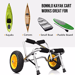 Bonnlo Boat Kayak Canoe Cart Carrier Dolly Trailer Tote Trolley Transport Kayak Accessories Large with 20x2mm Aluminum Pipe Double Kickstands, Inflation Free Solid Tire Wheels, 2 Ratchet Straps