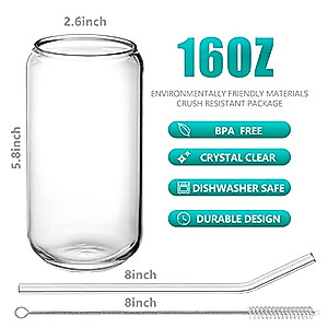 SNDUUrainbow Drinking Glass cups with Glass Straws 4 Pack Set,16 oz Can Shaped Glass Cups,Glass Beer,Iced Coffee Glasses with Lids,Tumbler Cup,Juicing, Cocktail,Whiskey-2 Cleaning Brushes