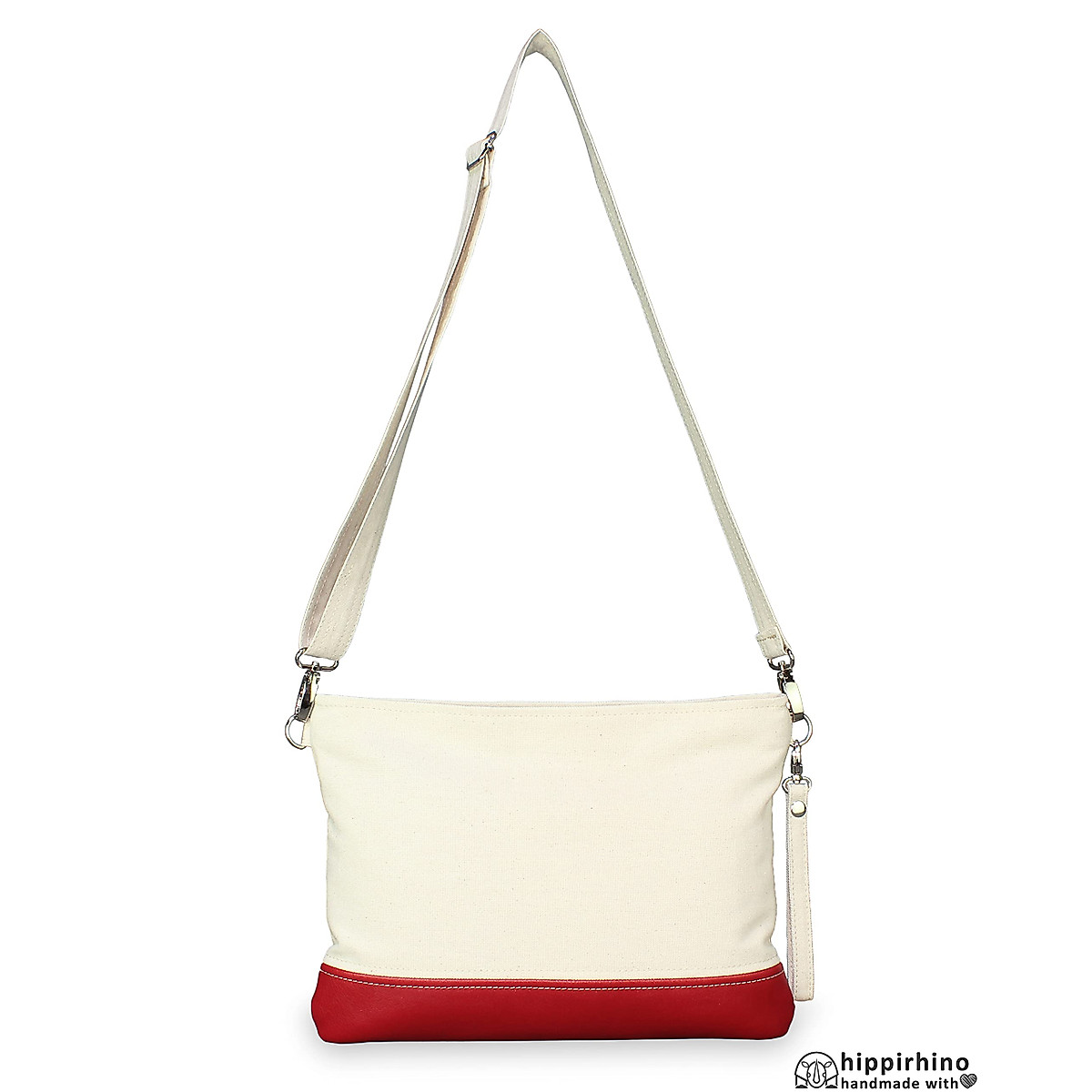 Natural Cotton Crossbody Wristlet Clutch Eco-Friendly Vegan Faux Leather Bag Phone Tablet Case Detachable Strap Unbleached Raw Canvas Fabric (Red)