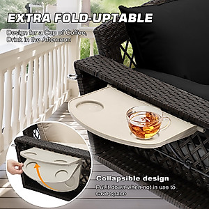 Grepatio Wicker Hanging Porch Swing - Outdoor 3 Person Patio Swing Bench with Cushion & Chains - 3-Seat Porch Swing Chair with Cup Holder for Garden, Yard, Lawn (Grey)