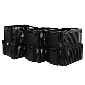 Bblina 6 Pack Large Plastic Organizer Baskets, Stackable Storage Baskets with Handles, Black