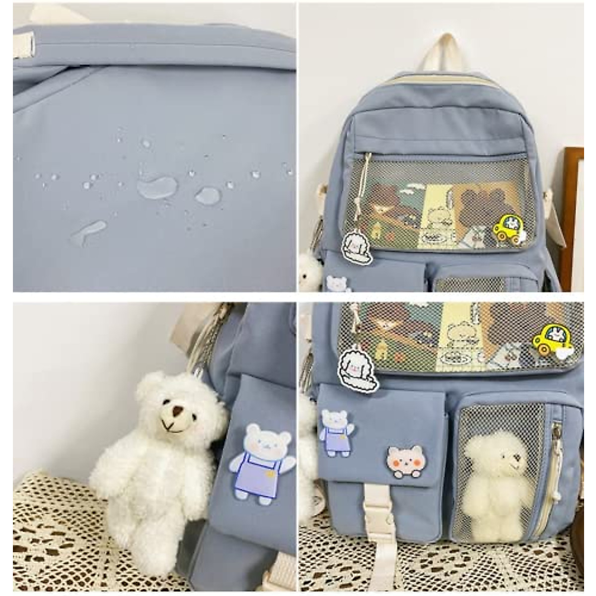RRRWEI Kawaii backpack with pins and plush bear pendant cute backpack solid color backpack aesthetic backpack for teen girls (black)