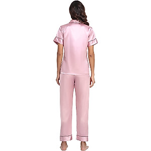 goodmansam Women's Satin Pajamas Set 2 Piece Pj Set Sleepwear Notch Collar Short Sleeve T-Shirt Button-Down Loungewear with Long Pants Pink Small
