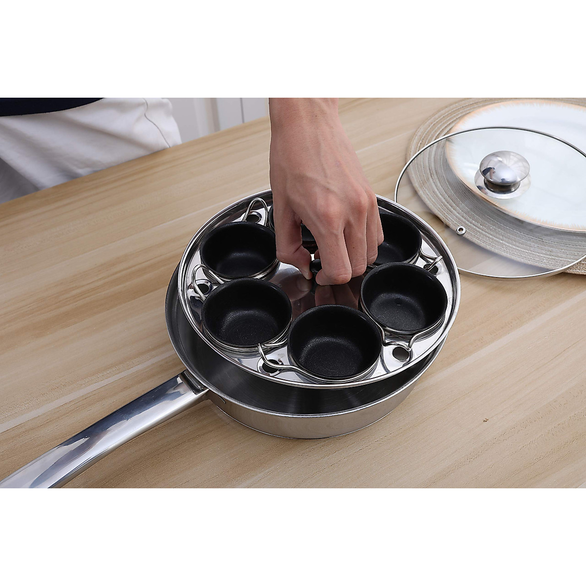 6 Cups Egg Poacher Pan - Stainless Steel Poached Egg Cooker – Induction Cooktop Egg Poachers Cookware Set with 4 Nonstick Large PFOA FREE Egg Poacher Cups and Silicone Spatula