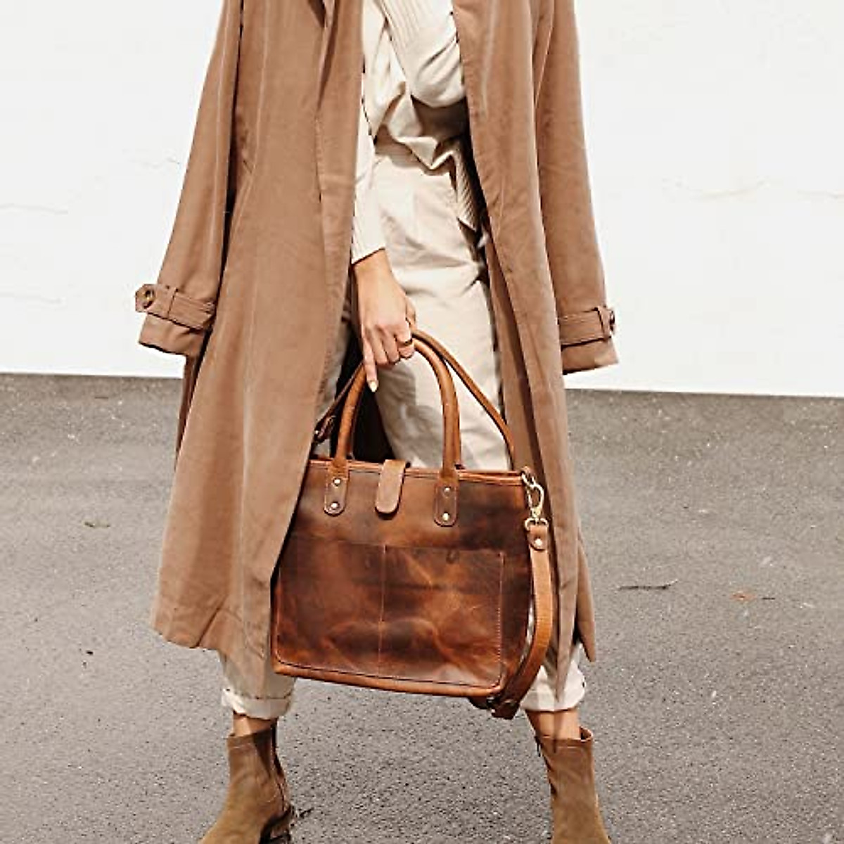 Leather Crossbody Tote Bag Shoulder Bag for Women with Adjustable Strap (Vintage Brown)