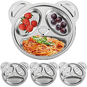 Lyellfe Set of 4 Stainless Steel Divided Plates, 3 Sections Unbreakable Dinner Plates, Cute Panda Shape Divided Plates for Picky Eaters, Lunch, Camping