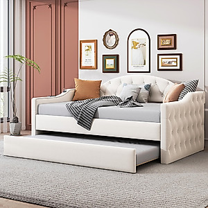Ball & Cast Twin Daybed with Trundle, Velvet Upholstered Day Bed Frame with USB Ports, Button Tufted Backrest & Armrest, Wood Slats Supports,No Box Spring Needed, Beige