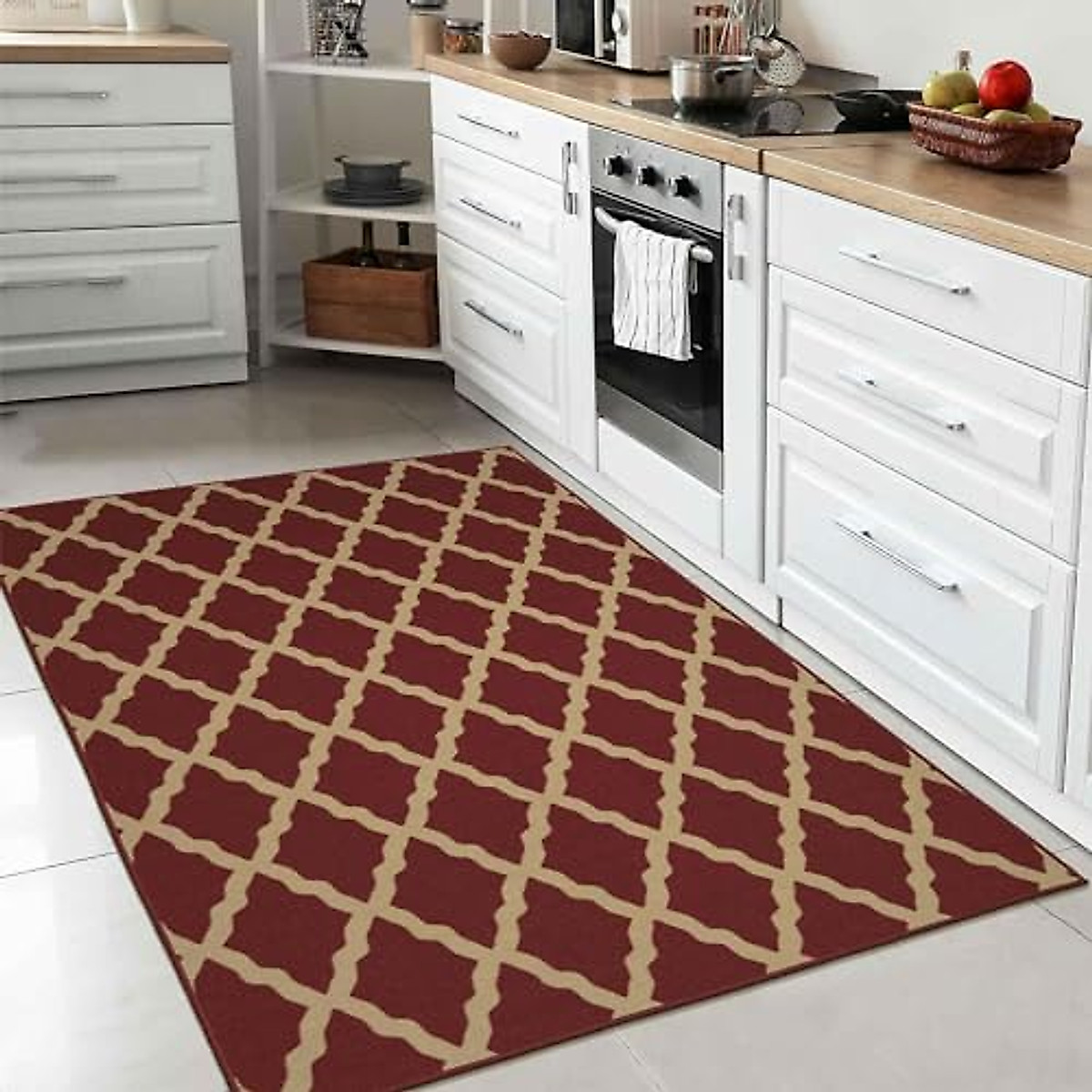 Machine Washable Trellis Design Non-Slip Rubberback 3x5 Traditional Area Rug for Living Room, Bedroom, Kitchen, 3'3 x 4'11", Red