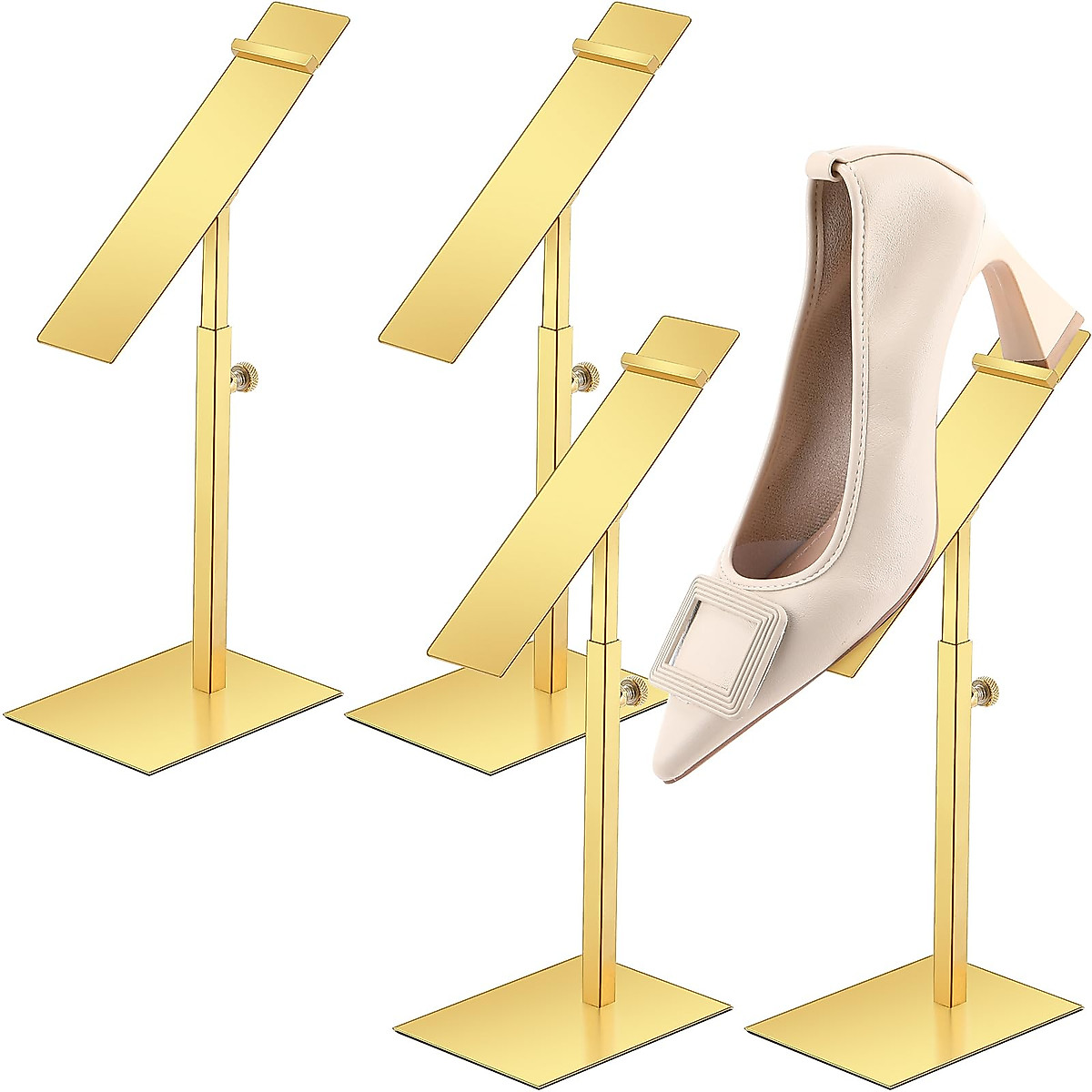 Therwen 4 Pcs Shoe Display Stand Gold Shoe Rack Stainless Steel Shoe Stand Golden Metal Shoe Riser High Heel Display Rack Holder for Shoe Store Home Shopping Malls (Square Shape)