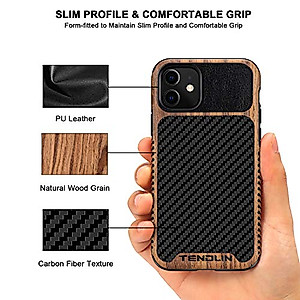 TENDLIN Compatible with iPhone 11 Case Wood Grain with Carbon Fiber Texture Design Leather Hybrid Case