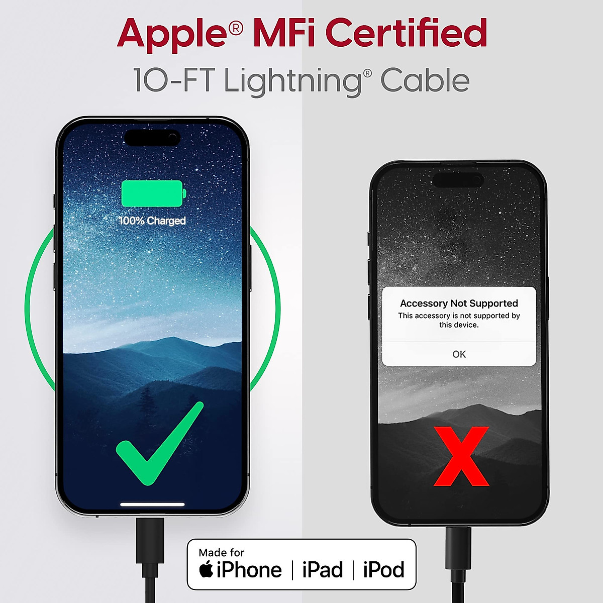 TALK WORKS Fast-Charge Lightning Cable - MFi-Certified for Apple iPhone 13, 12, 11 Pro/Max/Mini, XR, XS/Max, X, 8, 7, 6, 5, SE, iPad, AirPods, Watch - 10ft Long Fast Charger, Heavy-Duty Cord, Black