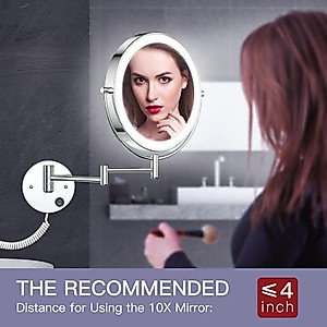 Benbilry LED Wall Mounted Makeup Mirror 9 Inch Super Large Size Double Sided with 1x/10x Magnification Extendable Lighted Magnifying Vanity Mirror with Lights 360° Swivel Round Bathroom Mirror