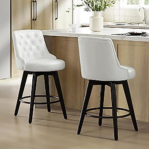 Watson & Whitely Modern Swivel Bar Stools, Faux Leather Upholstered Counter Height Bar Stool with Back, Solid Wood Legs, 26" H Seat, Set of 2, White