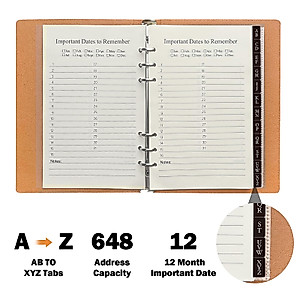 Happyaokeland Refillable Address Book with Alphabetical Tabs, Hardcover Phone Book 648 Contact Book w/Pockets, Large Print Address Books for Seniors, A5, Brown