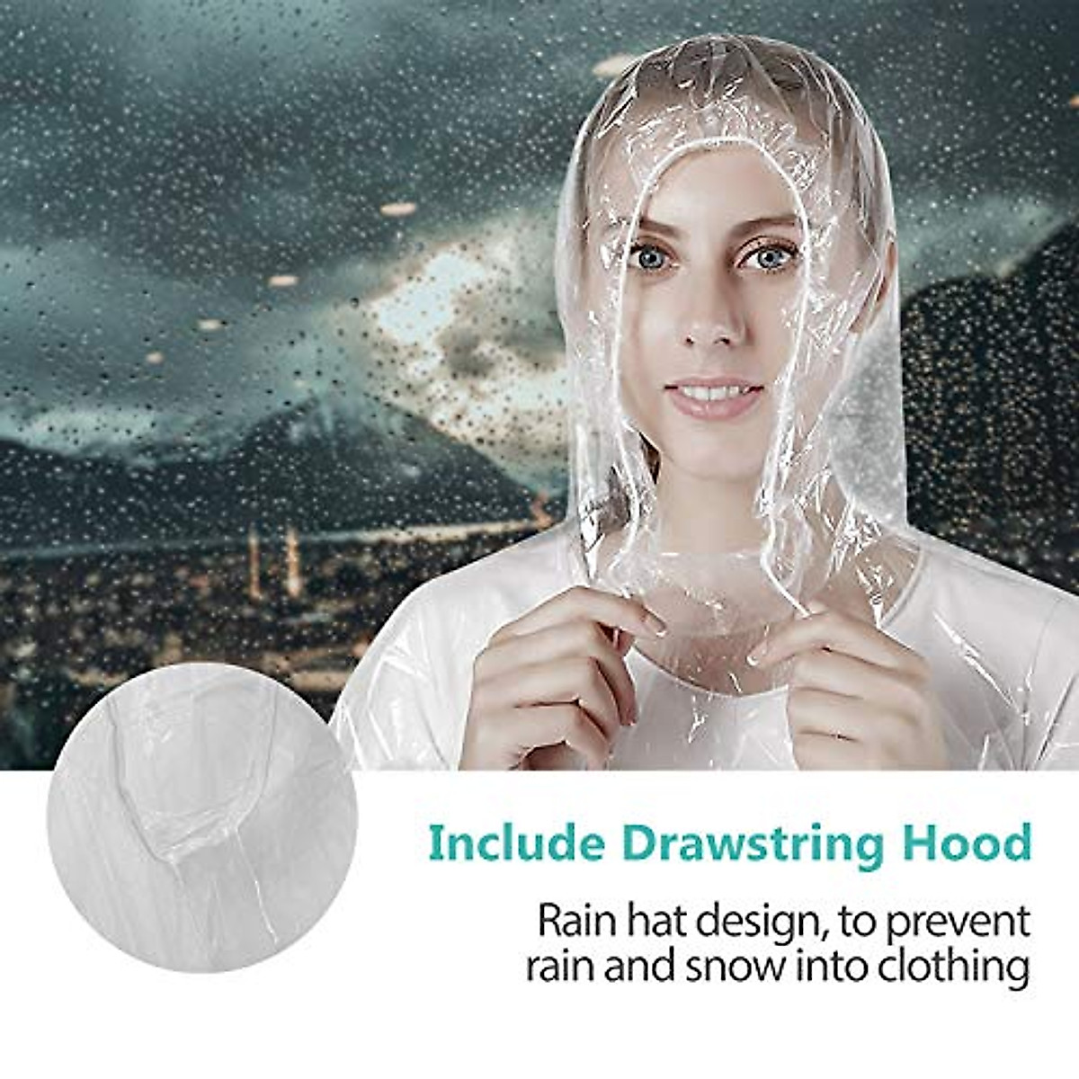 Disposable Rain Ponchos for Adult, Waterproof Plastic and Drawstring Hood, Clear (20 Pack)