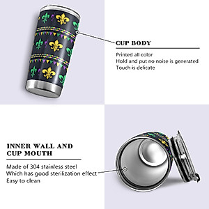Yasala Mardi Gras Tumbler Party Bunting Beads Fleur De Lis Insulated Coffee Cup Fat Tuesday Beverage Container Office Travel Mug with Straw and Lid 20oz Holiday Back to School Gift