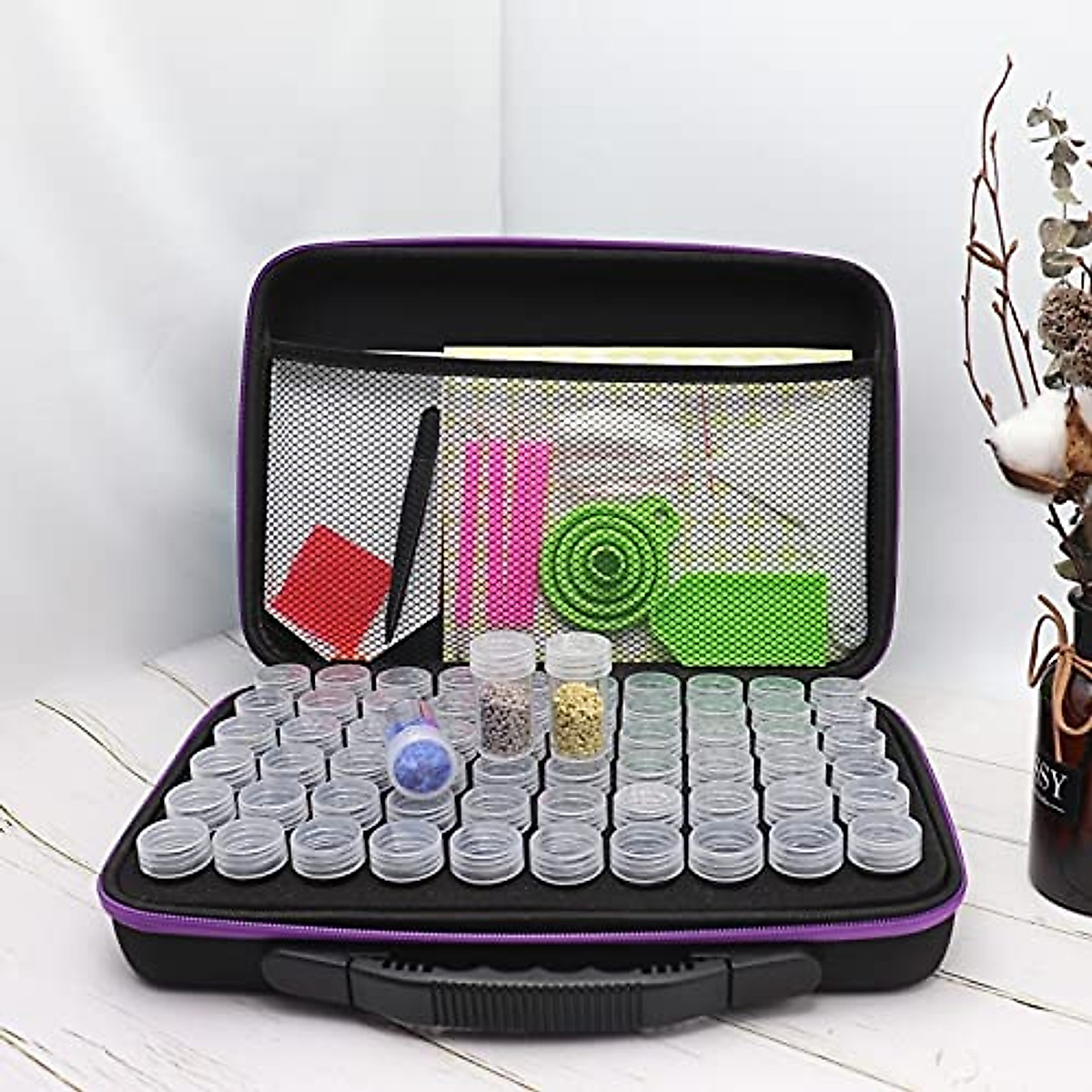 LIZEALUCKY High Capacity Diamond Painting Storage Containers 60 Slots Beads Organizer Box Diamond Painting Accessories Tool for Embroidery DIY Art Craft Shockproof Durable (Purple)
