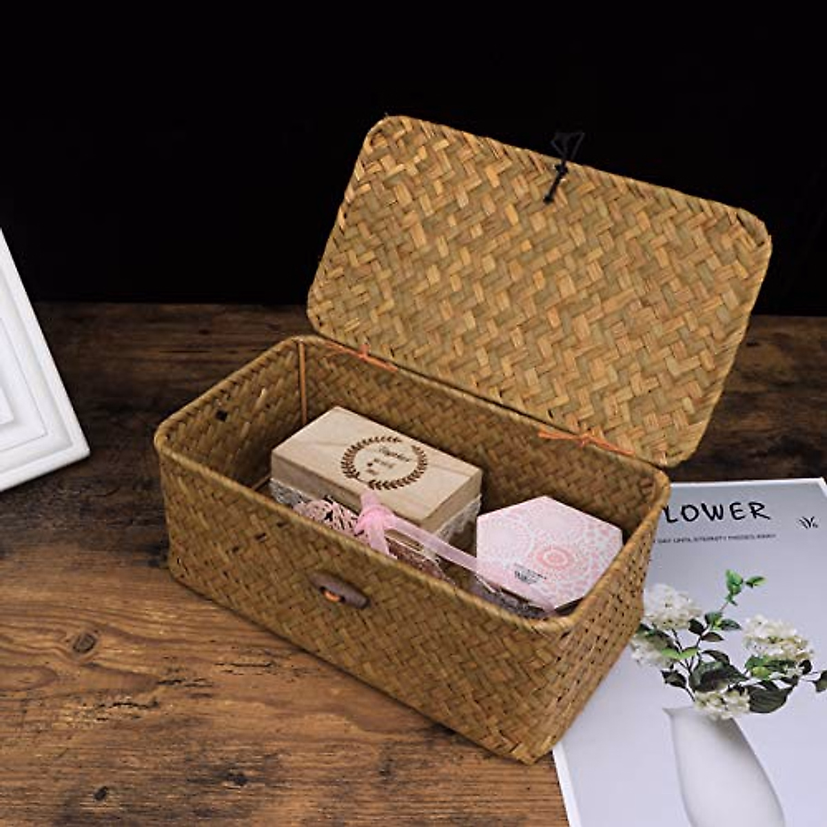 Alipis Desktop Stand Storage Drawers Straw Basket with Lid Seagrass Storage Basket Bins, Desktop Makeup Organizer Sundries Storage Box Rattan Lidded Box Shelf Bracket Small Basket