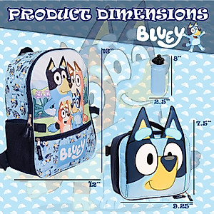 Bluey Girls & Boys Toddler 4 Piece Backpack Set for Kindergarten , School Bag with Front Zip Pocket, Mesh Side Pockets, Insulated Lunch Box, Water Bottle, and Squish Ball Dangle